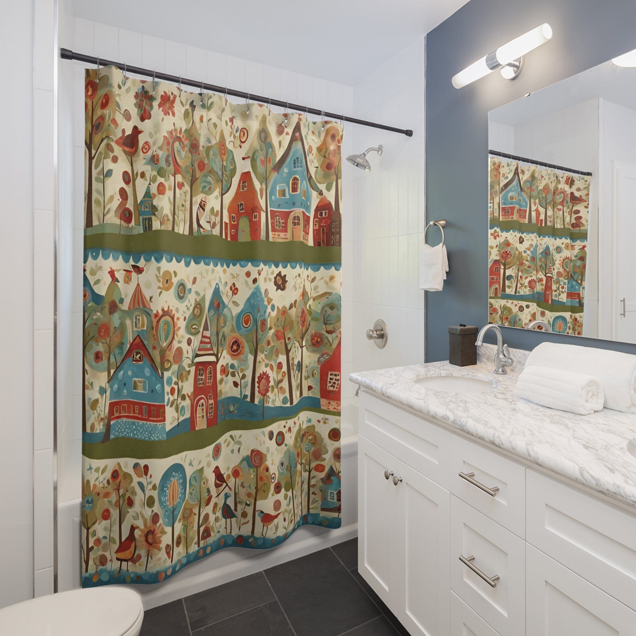 Whimsical Folk Art Village Shower Curtain Artsy Shower Curtain ...