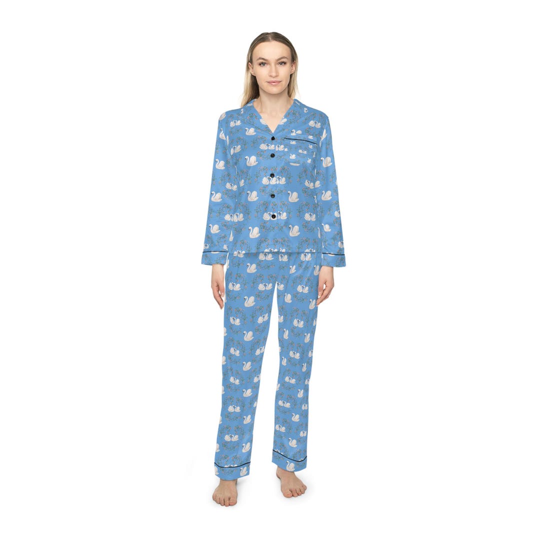 Swan Pajama Set Satin Sleepwear Cool Blue Vintage Inspired Cozy Button ...