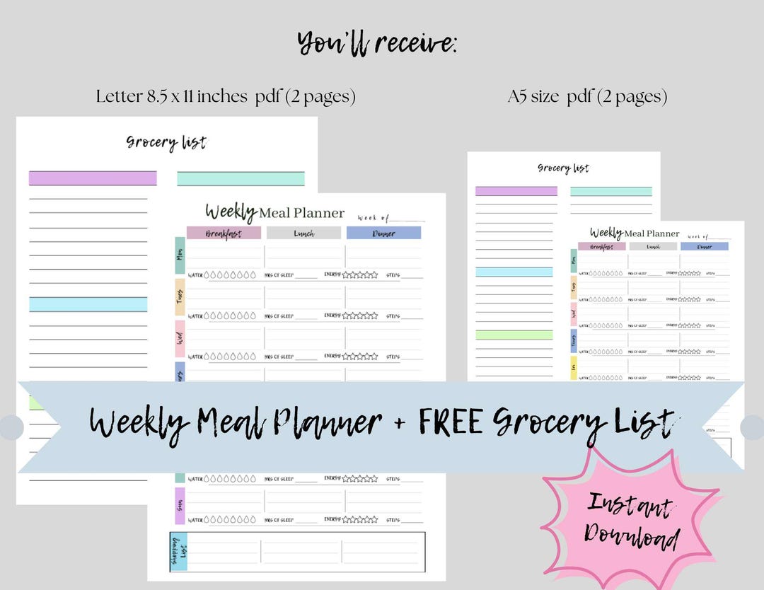 Meal Planner Printable, Weekly Food Tracker, Free Bonus Grocery List ...
