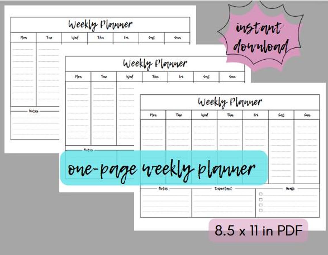 Blank Weekly Planner One-page Calendar Template 8.5 X 11 in PDF ...