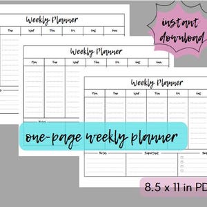 Blank Weekly Planner One-page Calendar Template 8.5 X 11 in PDF ...