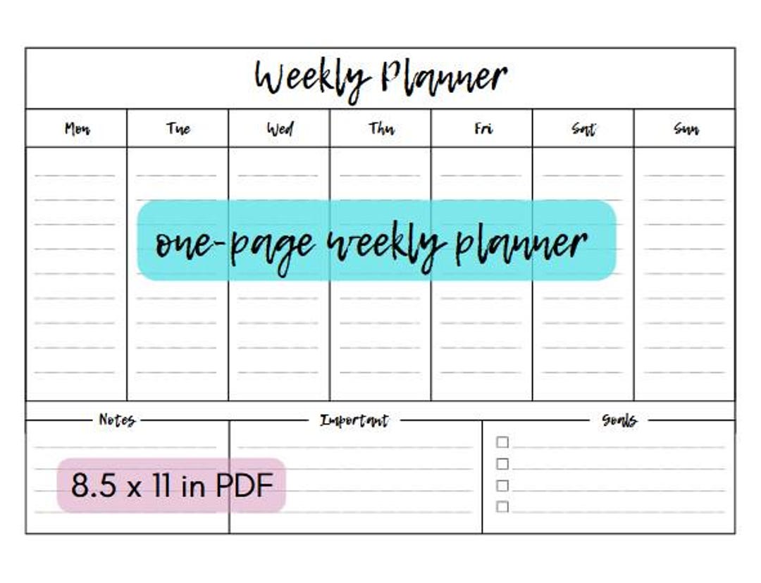 Blank Weekly Planner One-page Calendar Template 8.5 X 11 in PDF ...