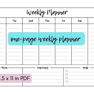 Blank Weekly Planner One-page Calendar Template 8.5 X 11 in PDF ...