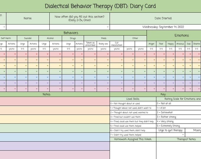 DBT Adolescent Diary Card Template google Sheets - Etsy