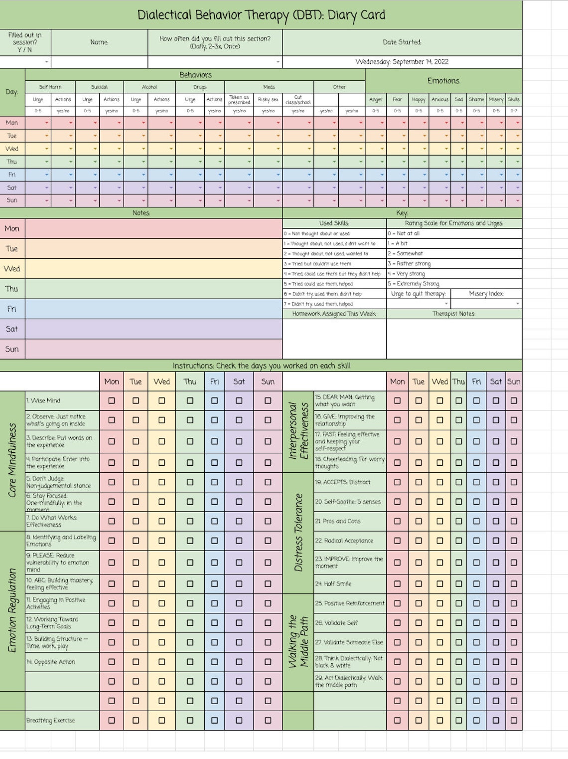 DBT Adolescent Diary Card Template (google Sheets) - Etsy