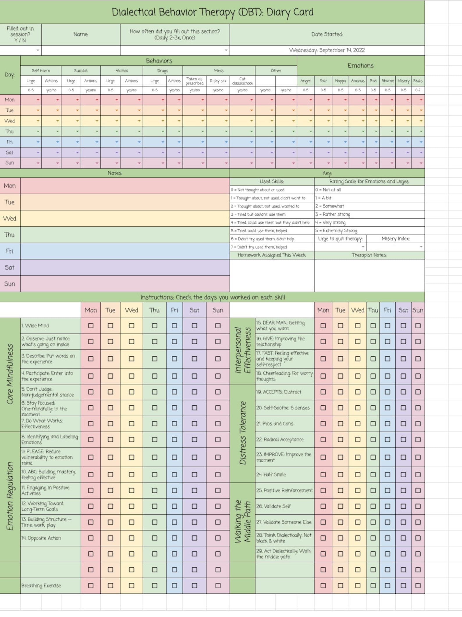DBT Adolescent Diary Card Template (google Sheets) - Etsy