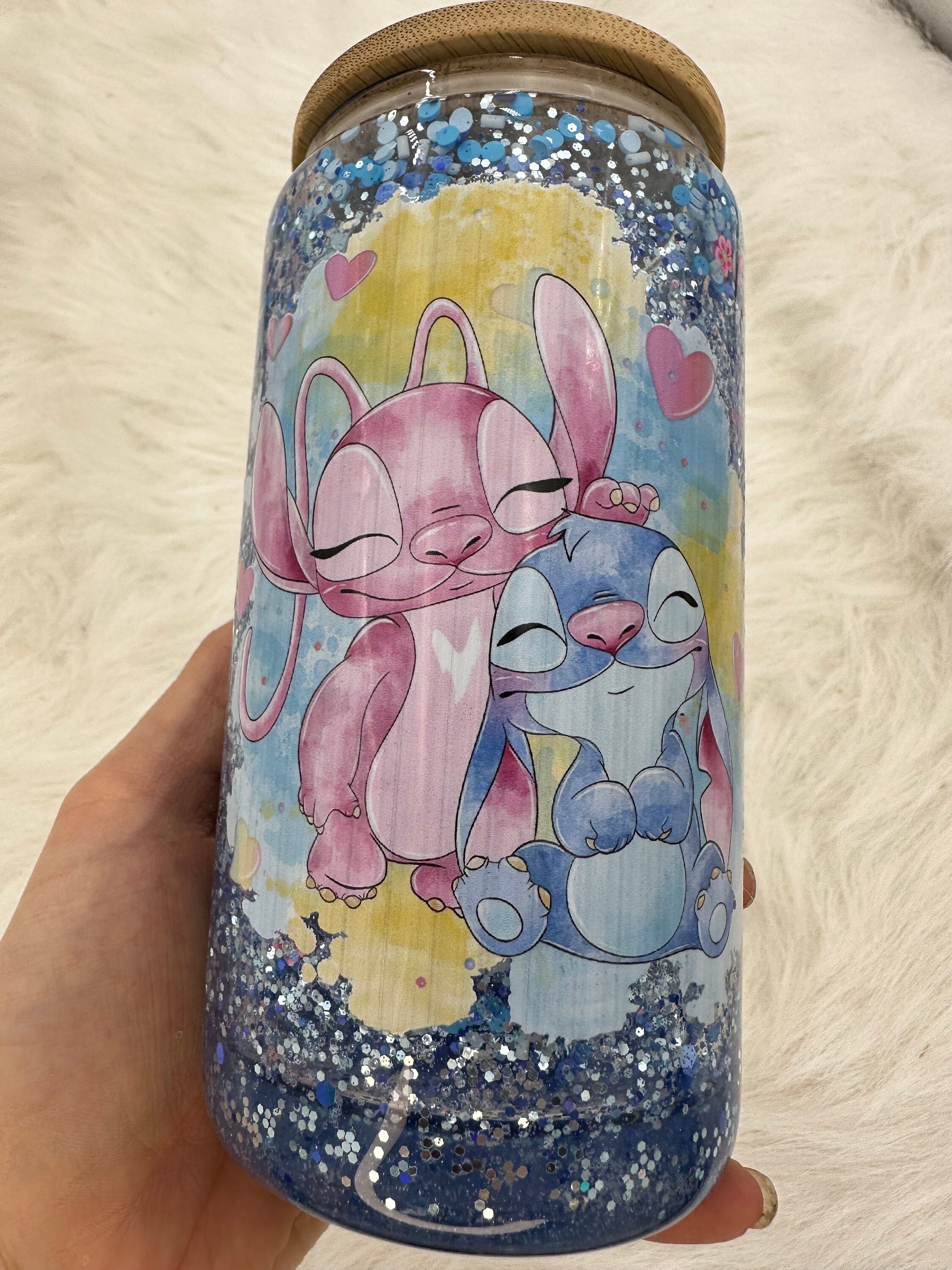 Ohana Blue Stitch and Angel 16 Oz Glass Snowglobe Tumbler - Etsy