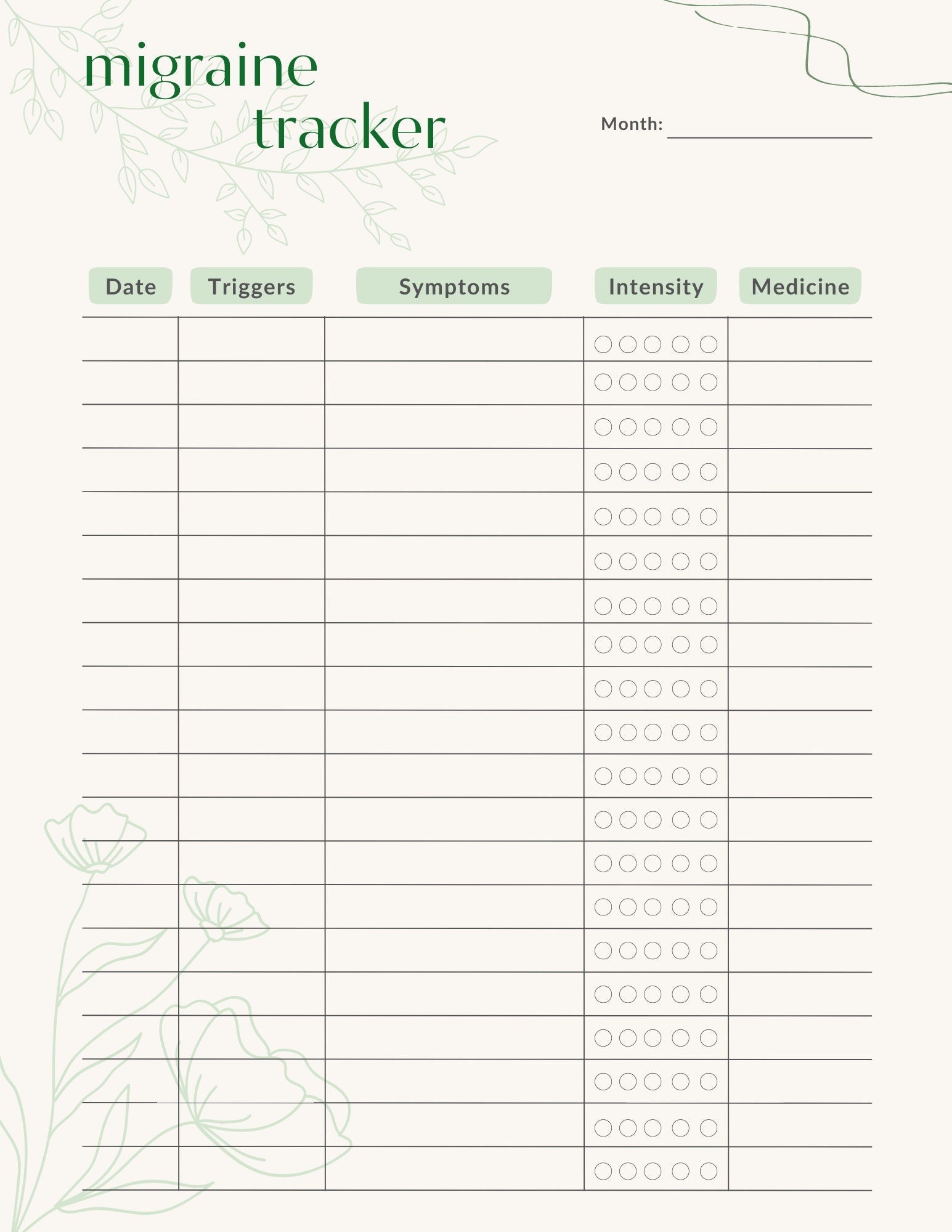 Monthly Migraine Tracker | Headache Tracker | Migraine Journal ...