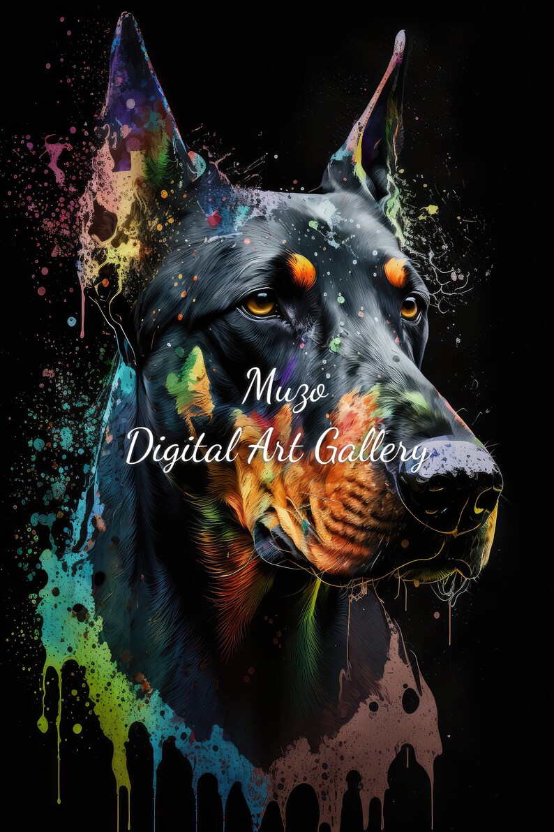 Dobermann #2, Oil Painting, Rainbow Colors, Wall Art, Digital Art ...