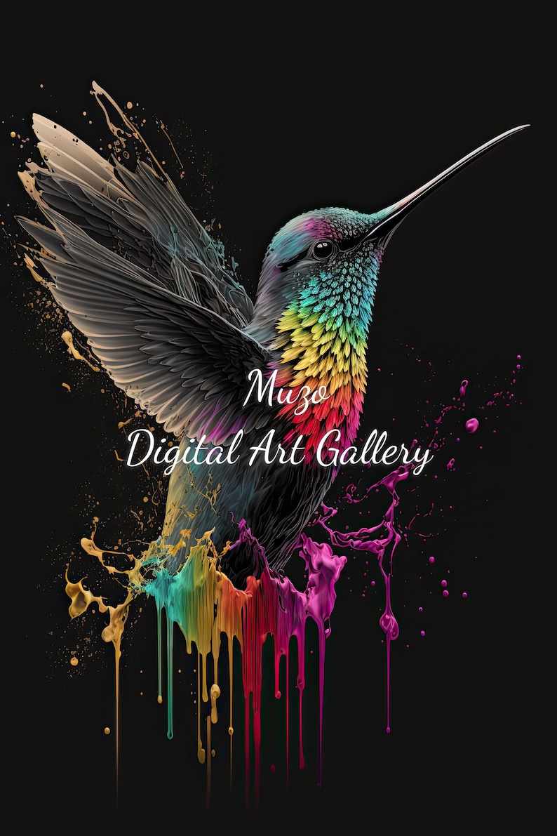 Hummingbird Oil Painting Style With Rainbow Colors, Paint Splash ...