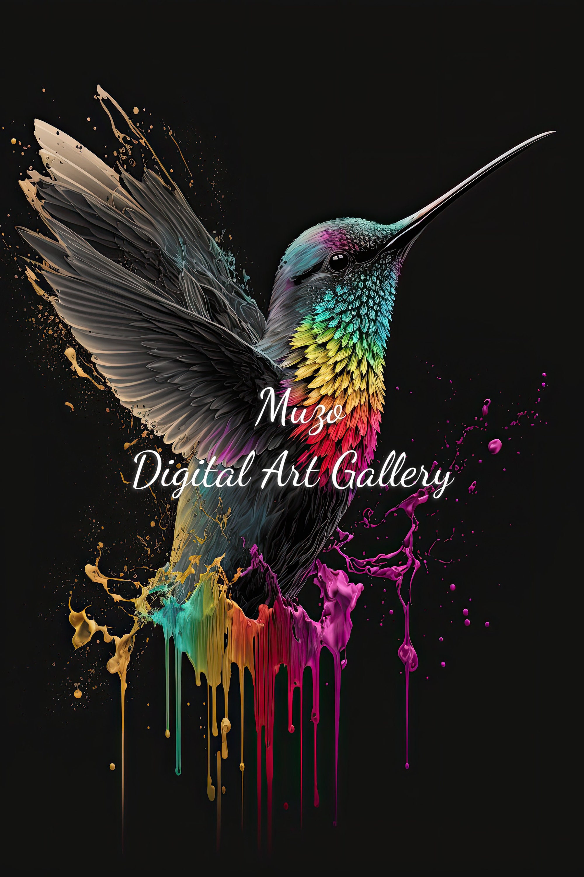 Hummingbird Oil Painting Style With Rainbow Colors, Paint Splash ...