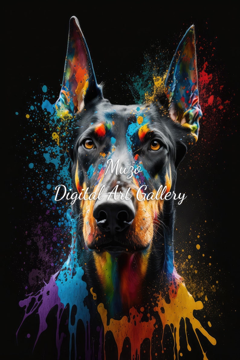 Dobermann #2, Oil Painting, Rainbow Colors, Wall Art, Digital Art ...