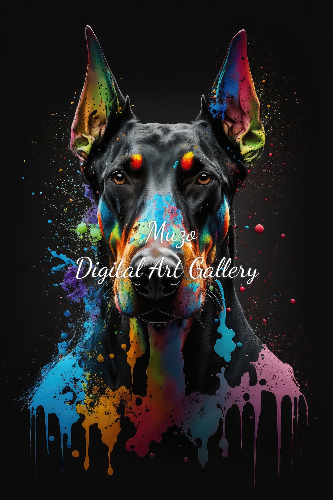 Dobermann #2, Oil Painting, Rainbow Colors, Wall Art, Digital Art ...