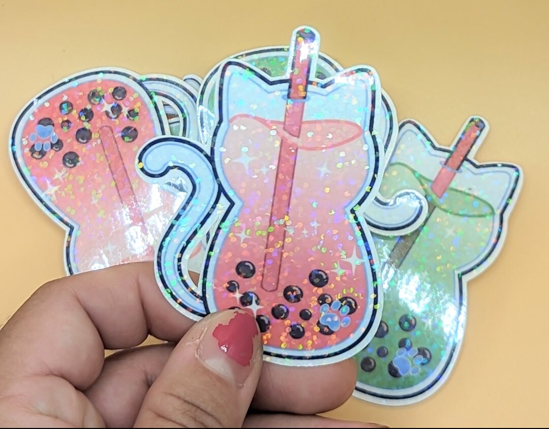 Boba Cat Sticker Waterproof Halographic Cute Drink - Etsy