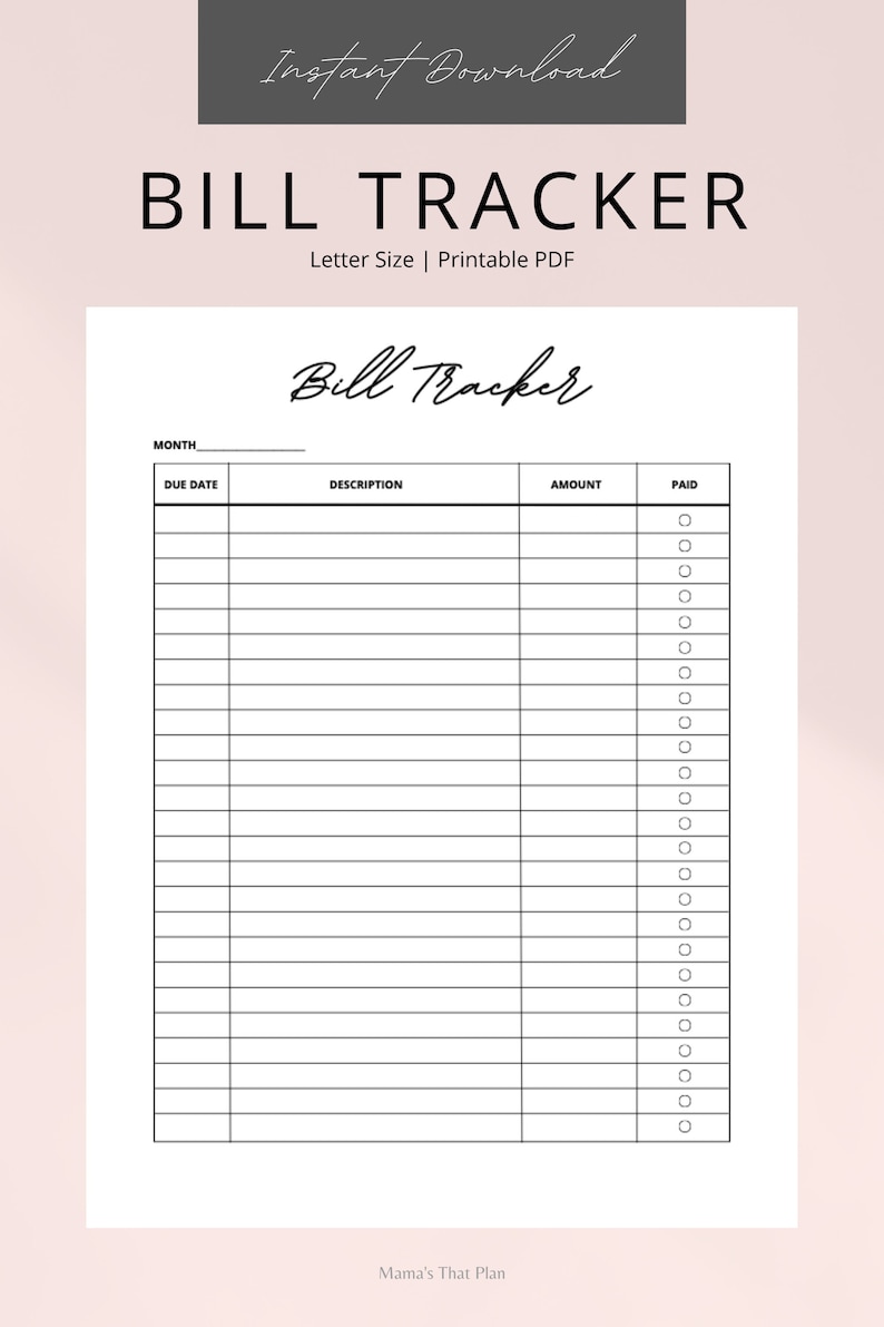 Bill Tracker, Printable PDF, Monthly Bill Tracker - Etsy