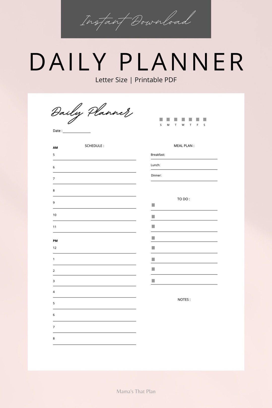 Daily Planner, Printable PDF, Home, Office or School Daily Planner - Etsy