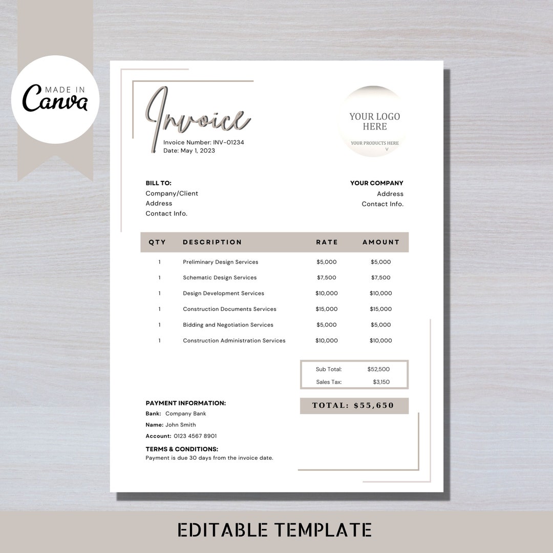 Editable Invoice Template, Small Business Printable, Canva Instant ...