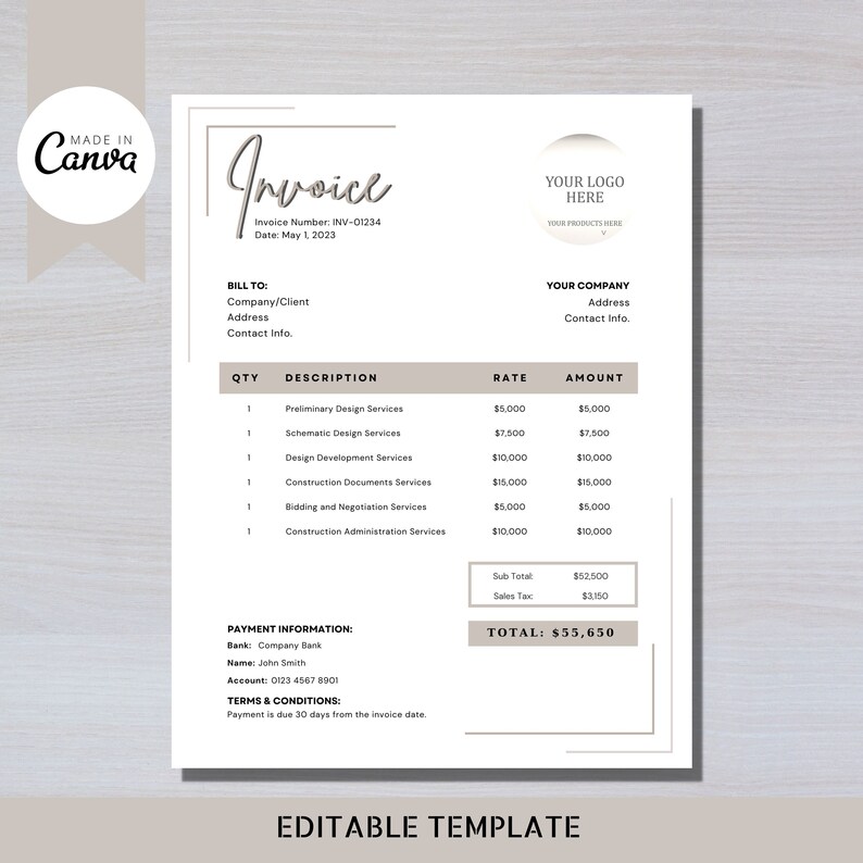 Editable Invoice Template Small Business Printable Canva - Etsy