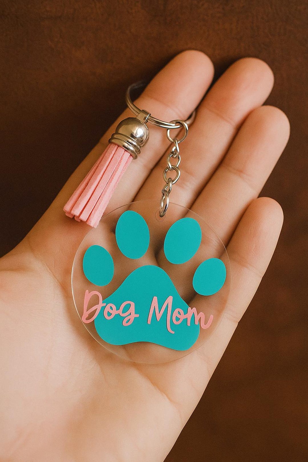 Dog Mom Acrylic Circle Blue Keychain With Tassel, Dog Mom Keychains ...