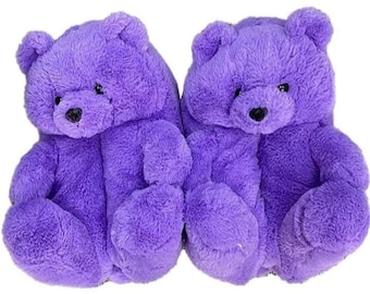 Teddy Bear Women Warm Furry Plush Slippers Slides Size 9 Purple - Etsy