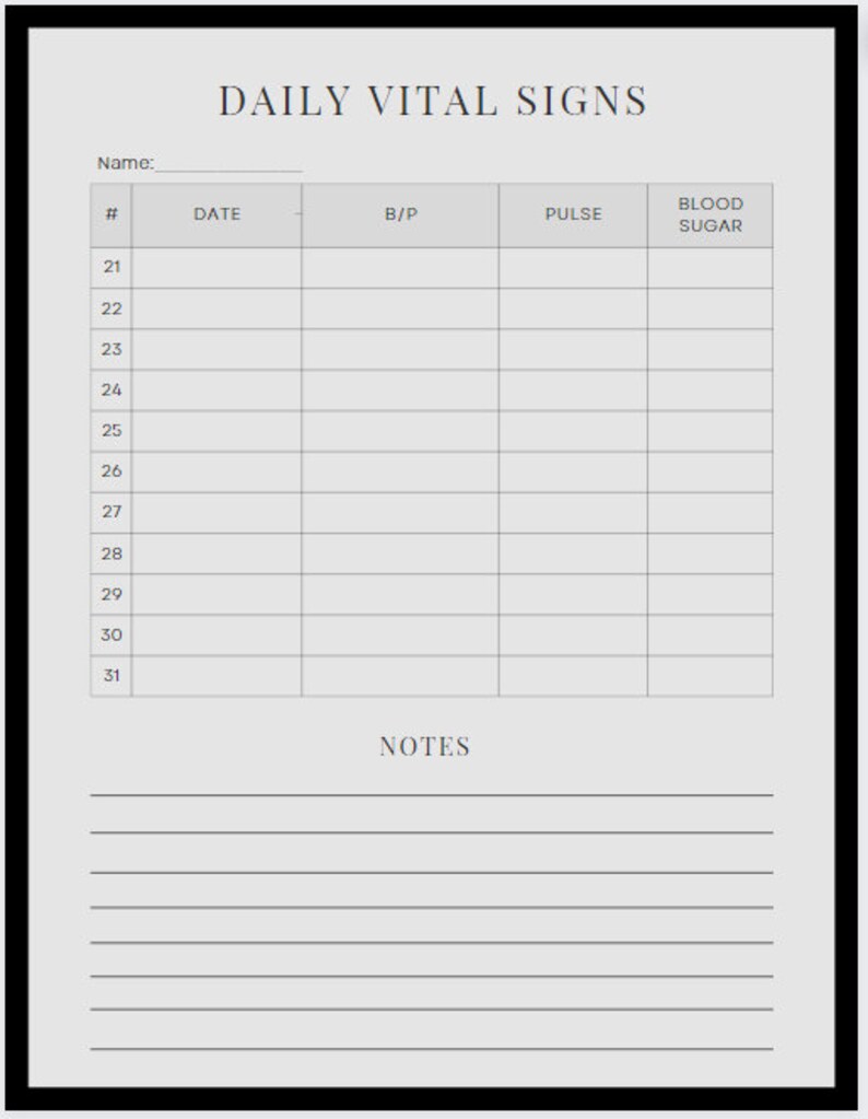 Daily Vital Sign Log - Etsy