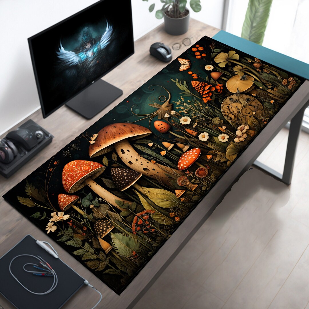 Mushroom Desk Mat Cute Mouse Pad Nature Mousepad Botanical Deskmat Dark ...