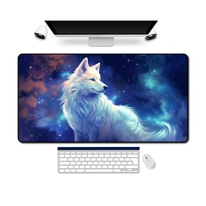 Cosmic White Wolf Desk Mat, Cute & Aesthetic Starry Night Design, XL ...