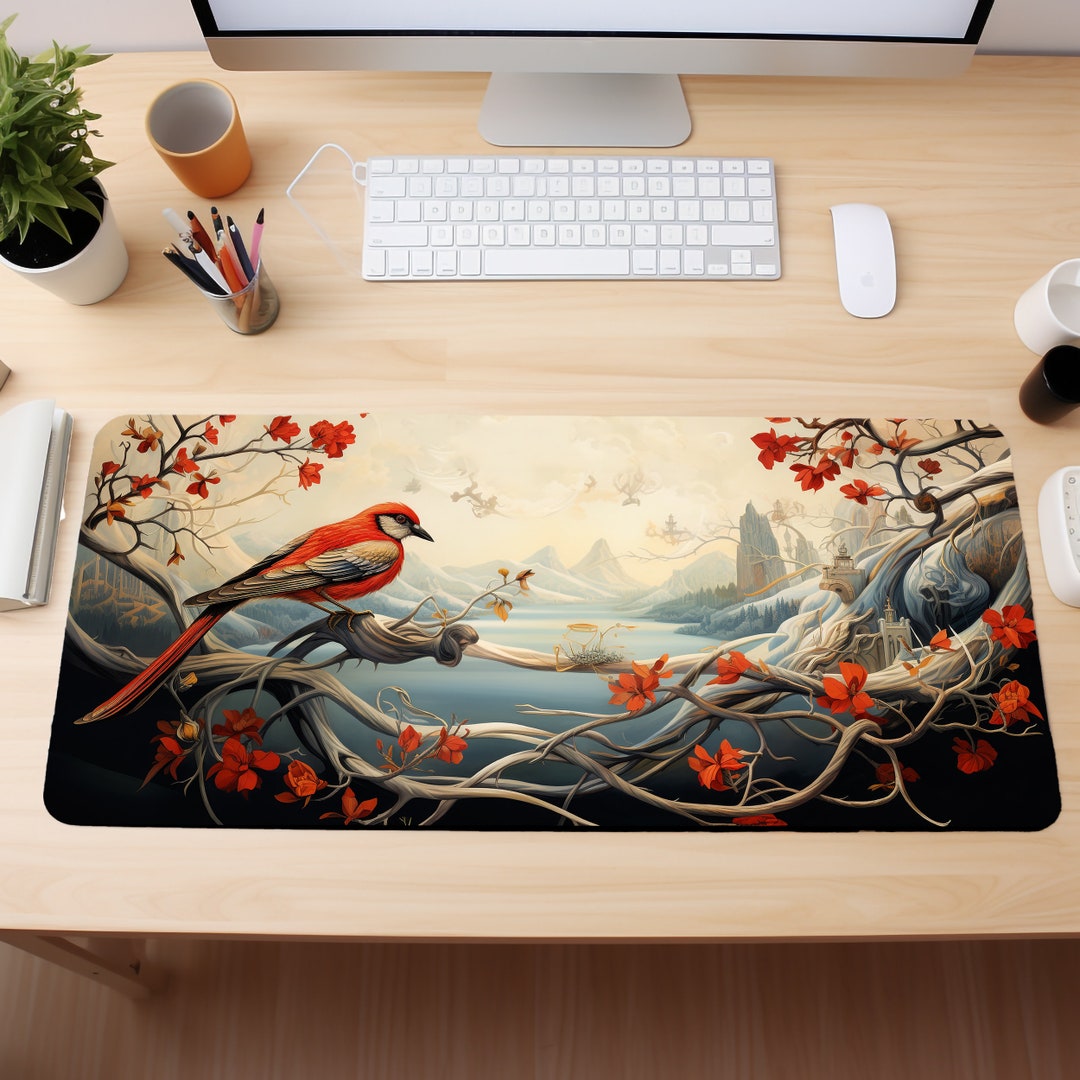 Fantasy Red Bird Art Desk Mat, Bird Mouse Pad, Aesthetic Mousepad, Cute ...