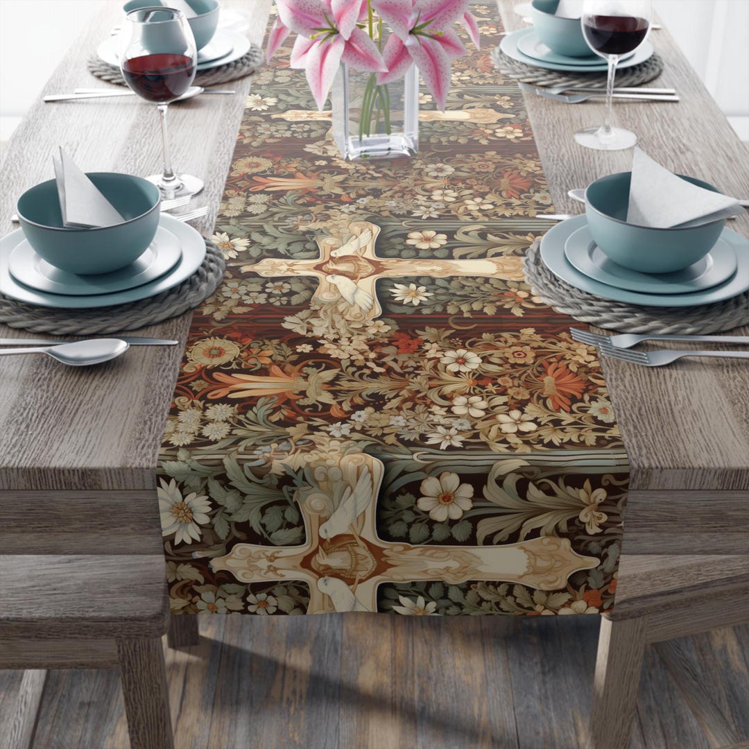 Medieval Cross and Doves Table Runner - Polyester Table Runner - 2 Size ...