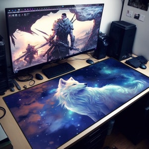 Cosmic White Wolf Desk Mat, Cute & Aesthetic Starry Night Design, XL ...