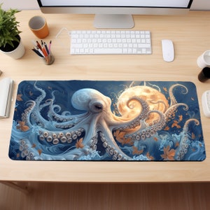 White Octopus Desk Mat, Octopi Moon Mousepad, Octopus Mouse Pad, Gaming ...