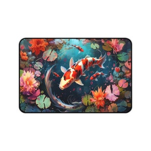 Koi Fish Family Desk Mat, Red & Yellow Spotted Koi, Deep Blue Waters ...