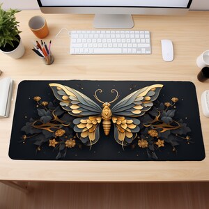 Black and Gold Gothic Moth Desk Mat, Moth Mousepad XL, Gaming Mouse Pad ...
