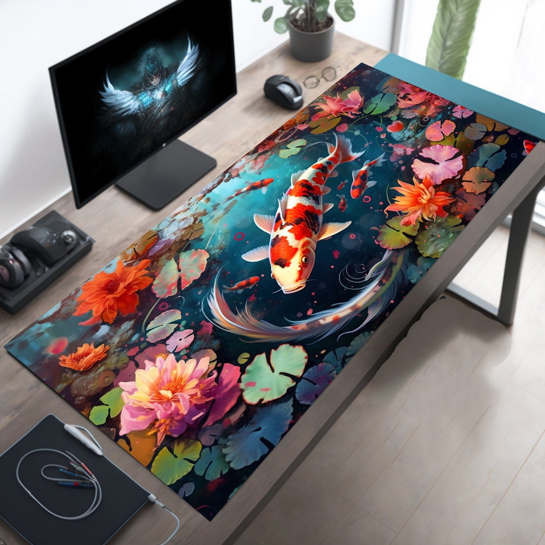 Koi Fish Family Desk Mat, Red & Yellow Spotted Koi, Deep Blue Waters ...