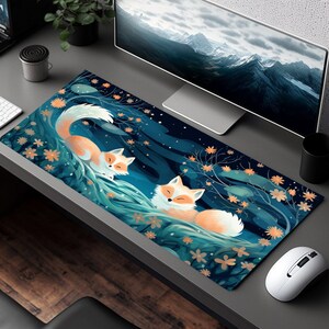 Celestial Foxes Desk Mat, Japanese Couple Sleeping Under Starry Night ...
