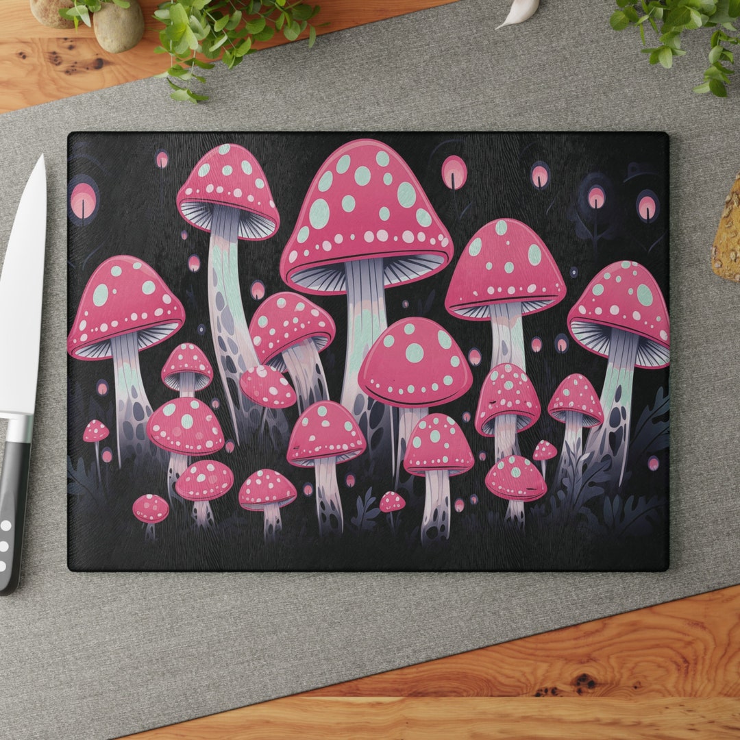 Kawaii Collection, Glass Cutting Board, Cute Pink Mushrooms, Kawaii ...