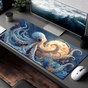 White Octopus Desk Mat, Octopi Moon Mousepad, Octopus Mouse Pad, Gaming ...