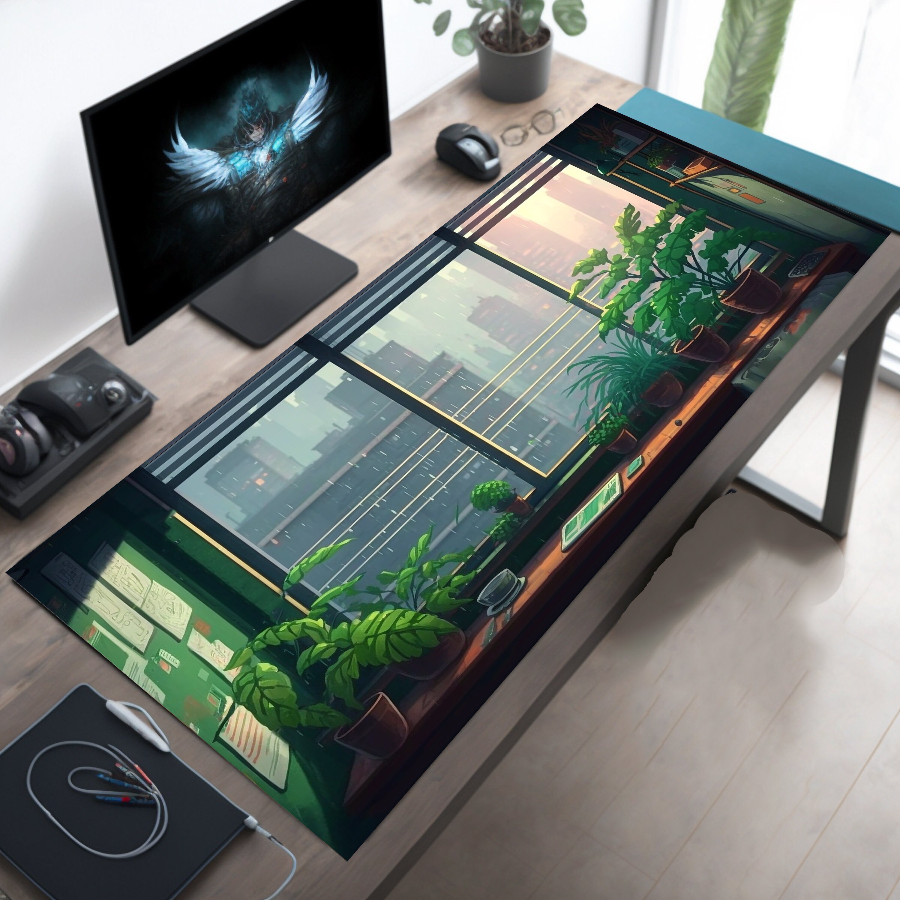 Anime City Desk Mat Rainy Day Skyline Office Decor Green - Etsy