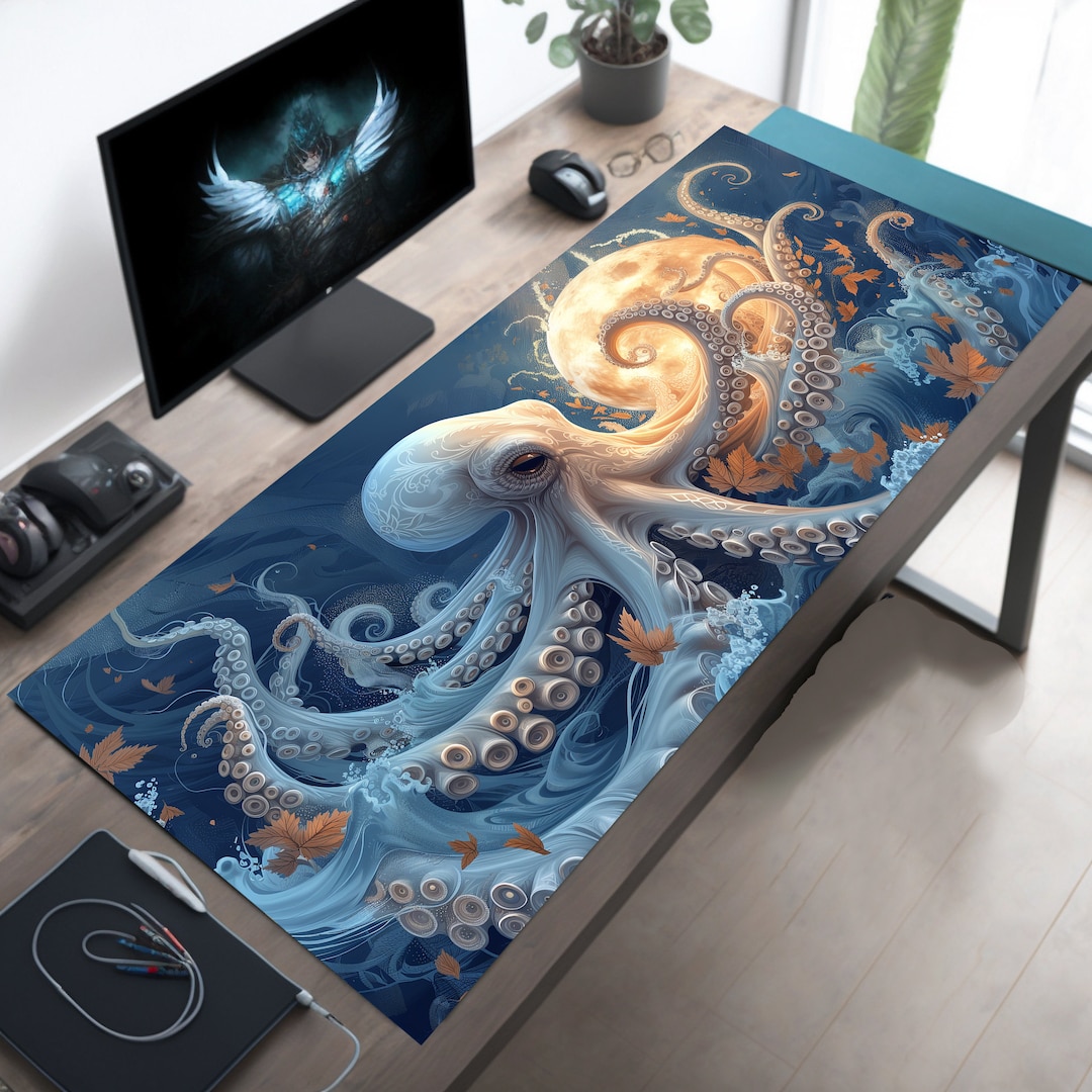 White Octopus Desk Mat, Octopi Moon Mousepad, Octopus Mouse Pad, Gaming ...