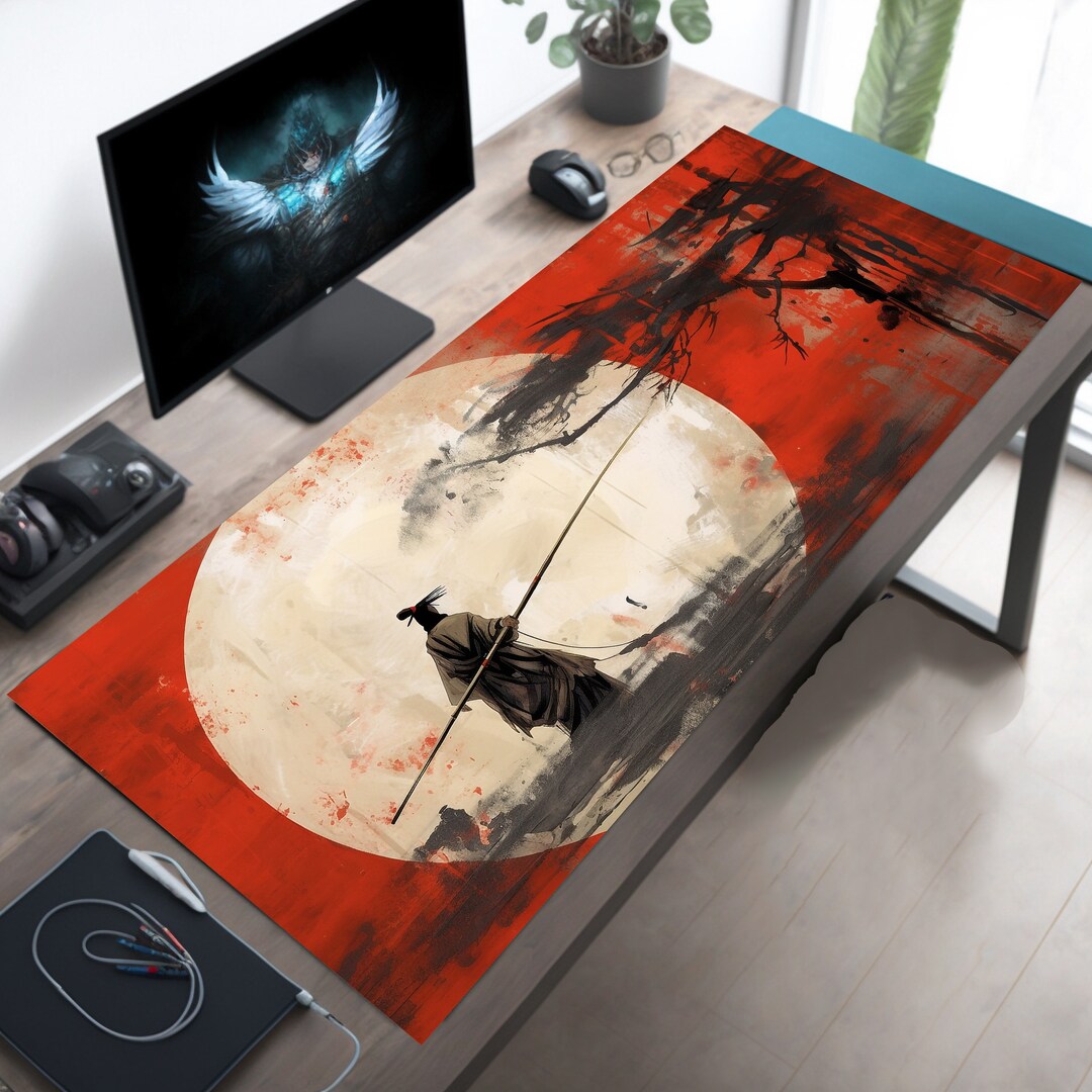 Japanese Samurai Moon Desk Mat, Abstract Ink Blot Art, Large Aesthetic ...