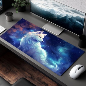 Cosmic White Wolf Desk Mat, Cute & Aesthetic Starry Night Design, XL ...
