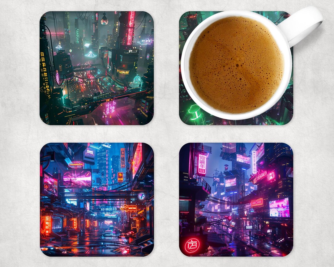 Cyberpunk City Set of Coasters Choose Your Style, Shape, Quantity, and ...