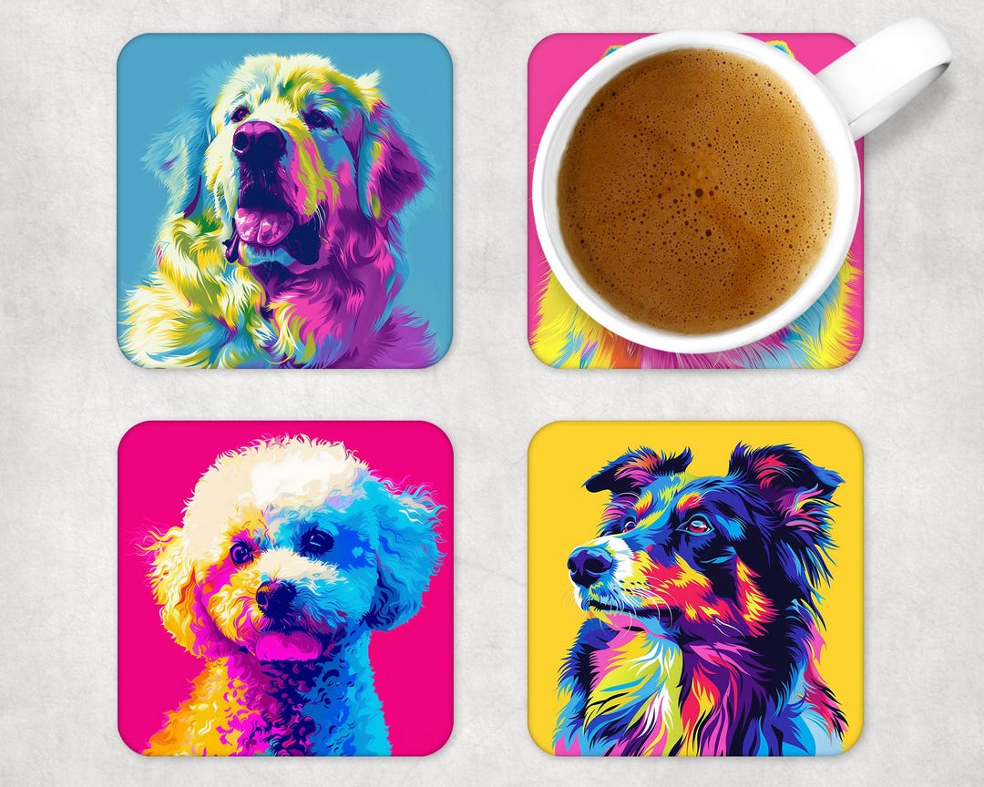 CMYK Dogs Set of 4 Coasters Choose Your Style, Shape, Quantity, and ...
