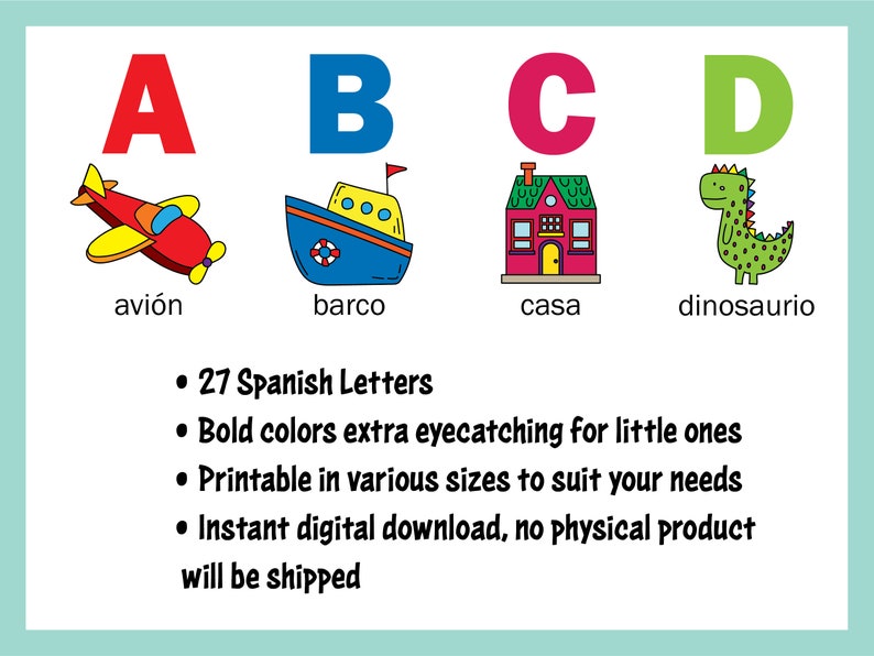 Spanish Alphabet ABC Printable - Instant Download Wall Art for Kids ...