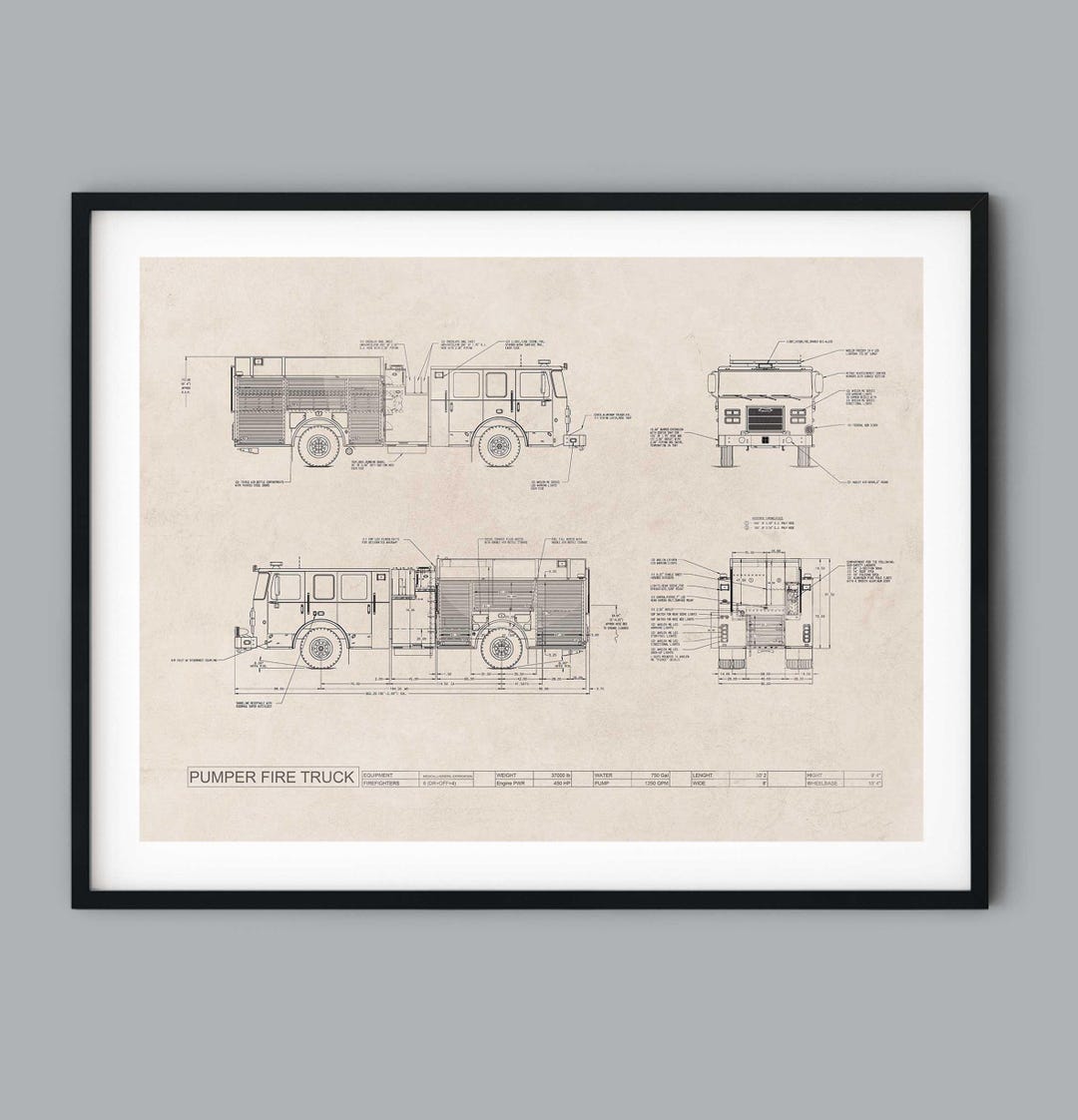 Fire Truck Pumper Engine Blueprint. Engine Truck Poster to Download. - Etsy