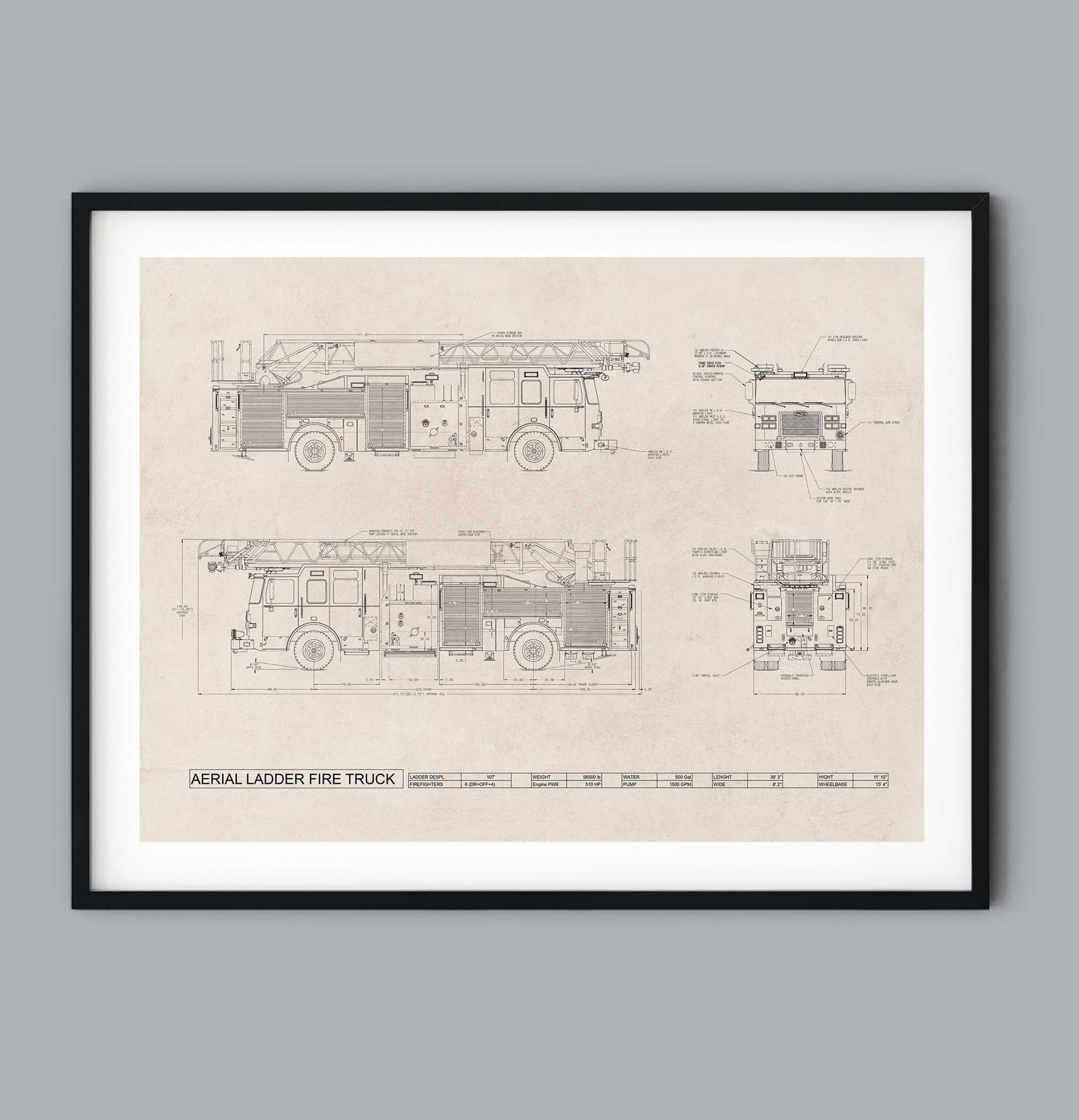 Fire Truck Aerial Ladder Engine Blueprint. Firefighter Truck Poster to ...