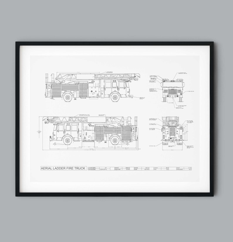 Fire Truck Aerial Ladder Engine Blueprint. Firefighter Truck Poster to ...