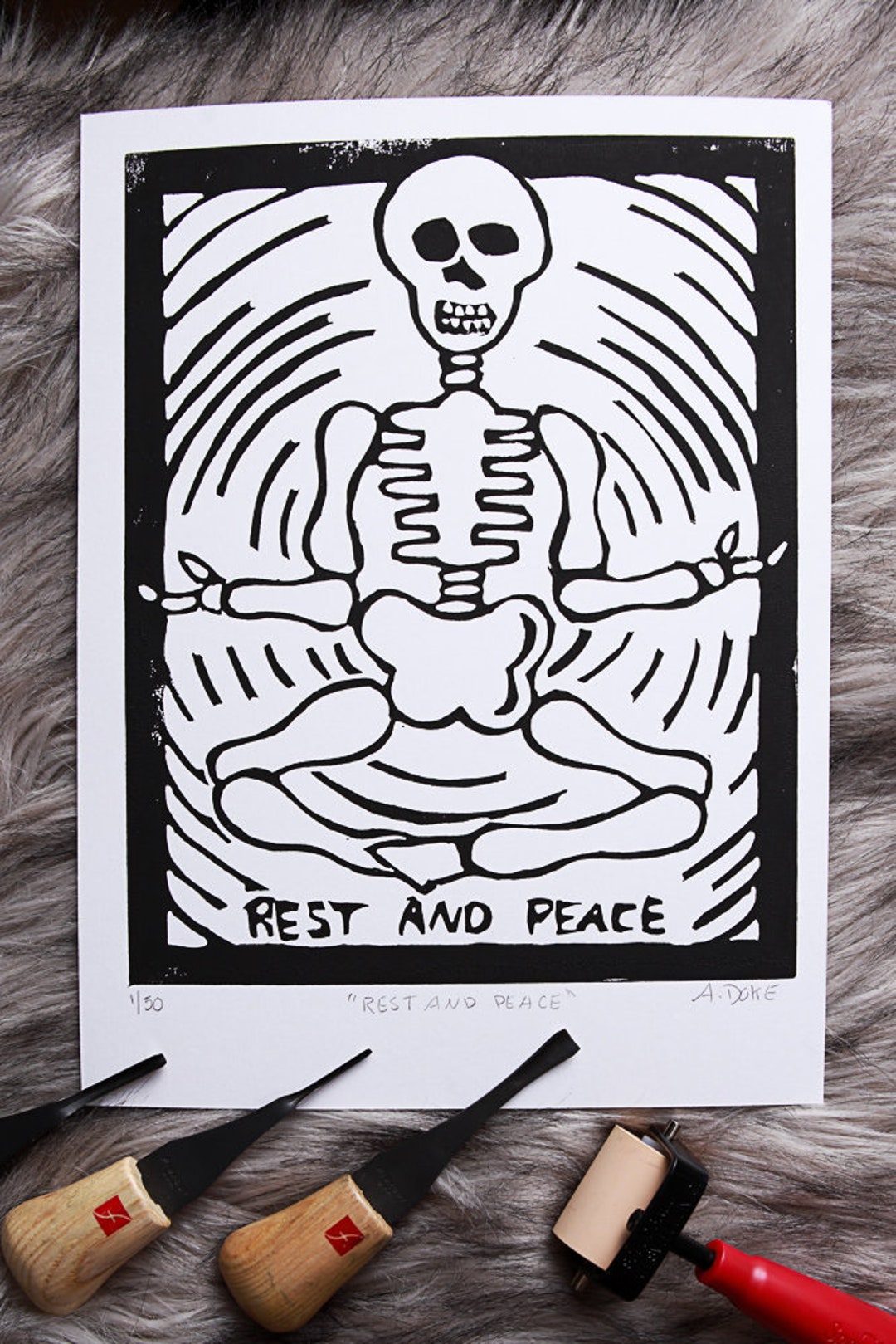 Rest and Peace Linocut Print skeleton Doing Yoga - Etsy