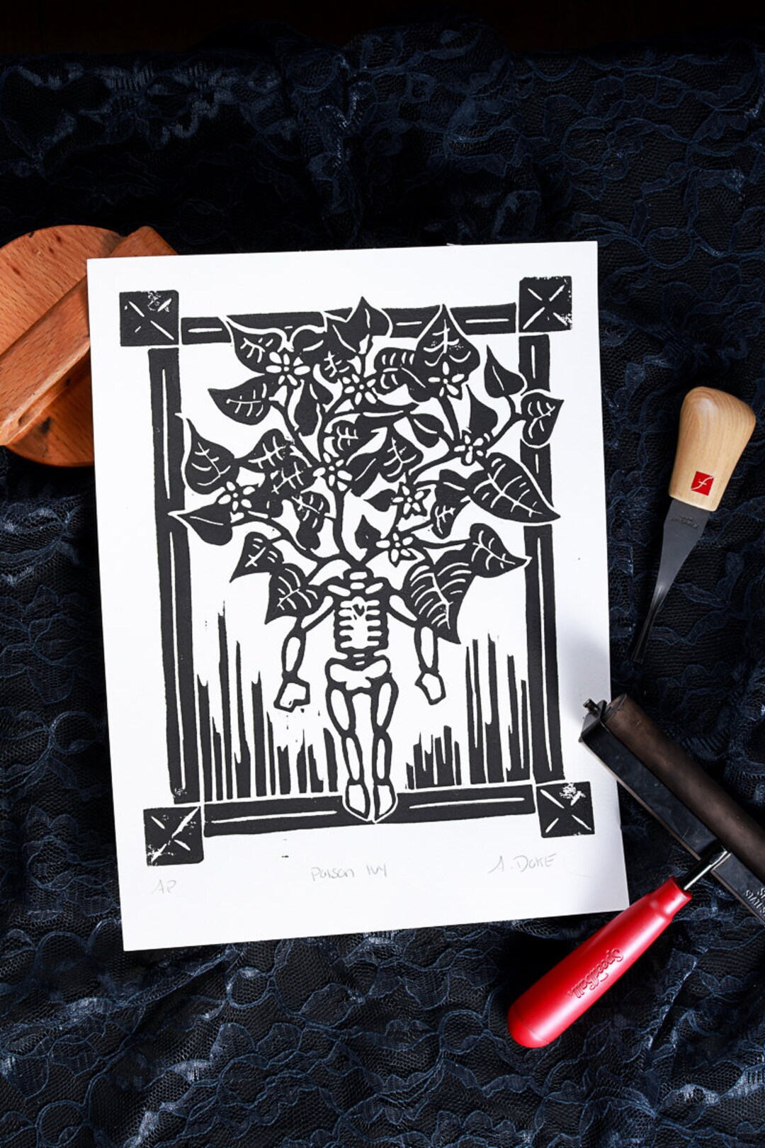 Poison Ivy- Linocut Print (skeleton With Poison Ivy) - Etsy