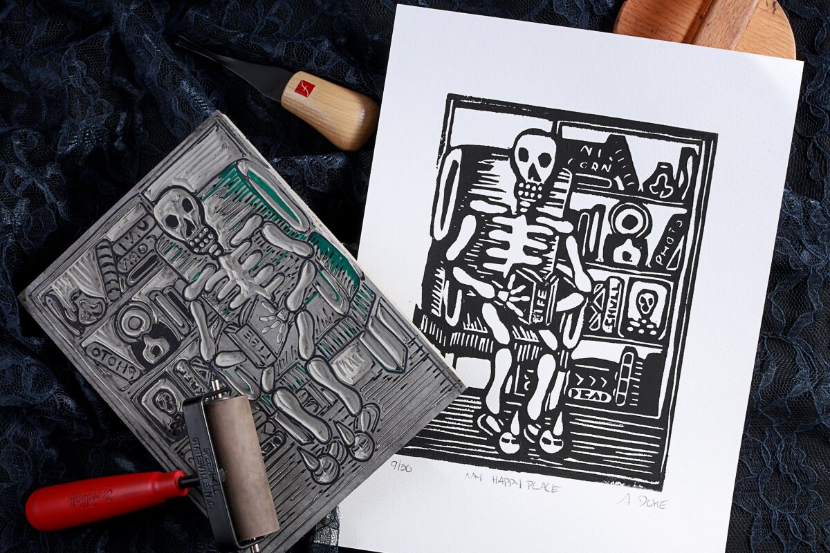 My Happy Place Linocut Print skeleton Reading a Book - Etsy